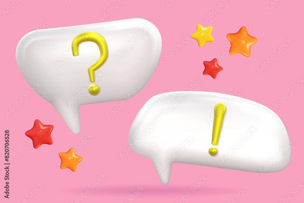 3d dialogue bubble various cloud with star and question. White speak ...