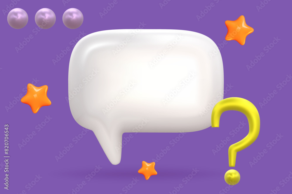 3d dialogue bubble various cloud with star and question. White speak ...