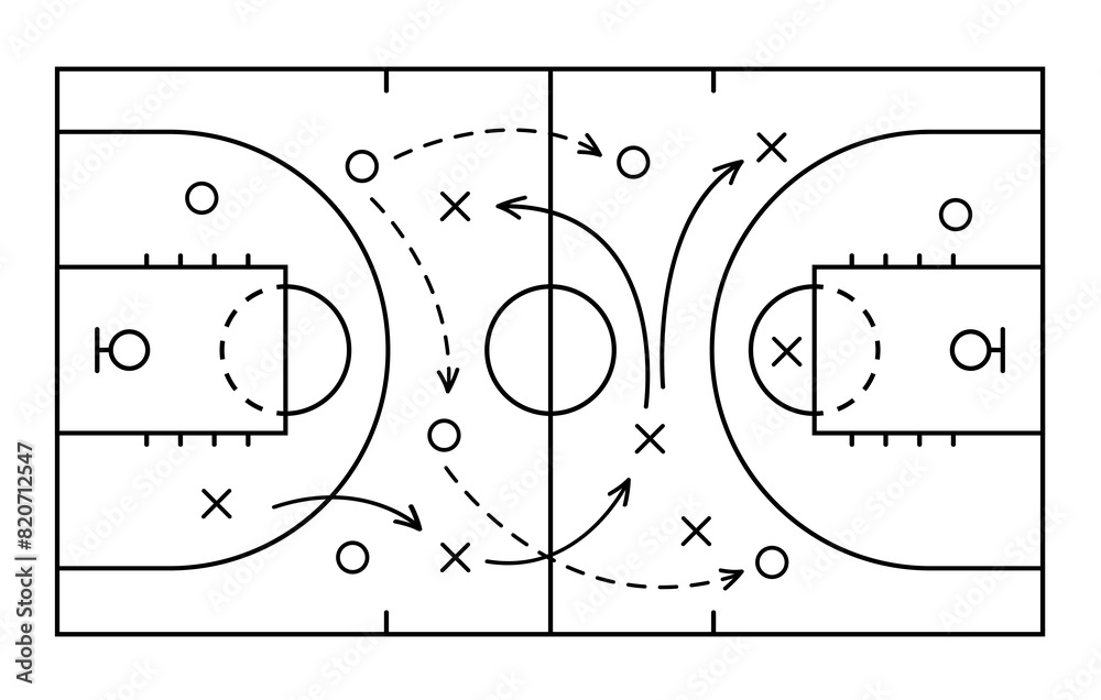 Basketball strategy field, game tactic chalkboard template. Hand drawn ...