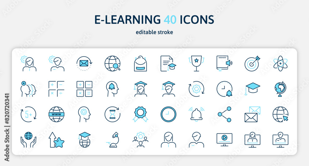 E-learning and education 40 line color blue icons set. Home schooling ...