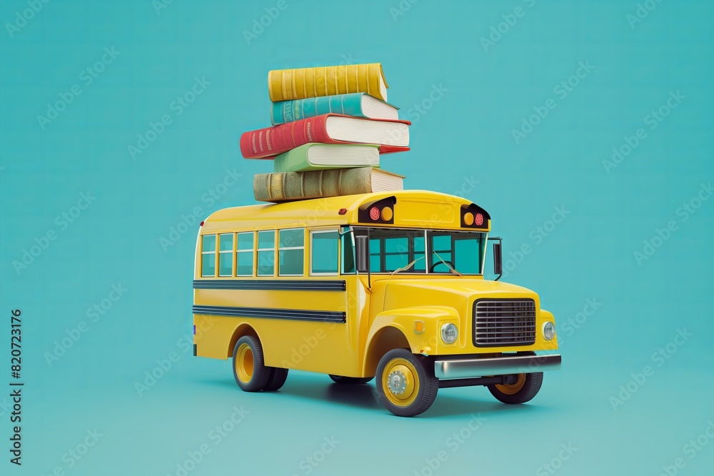 yellow school bus with blank colorful books stacked on top of the bus ...