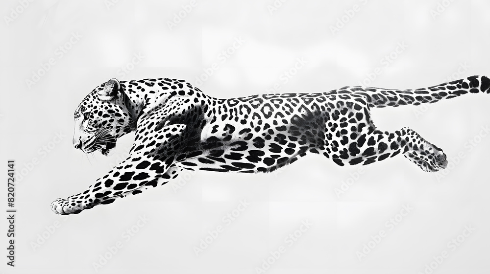 Jumping leopard black and white ink illustration isolated on white ...