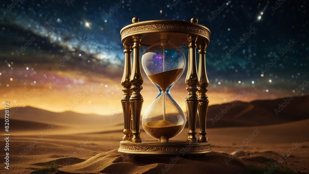 Hourglass hovering in space with ammonite fossil inside clock standing ...