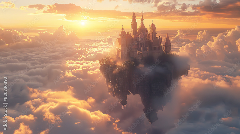 Magical high castle on floating island above clouds at sunset creates ...