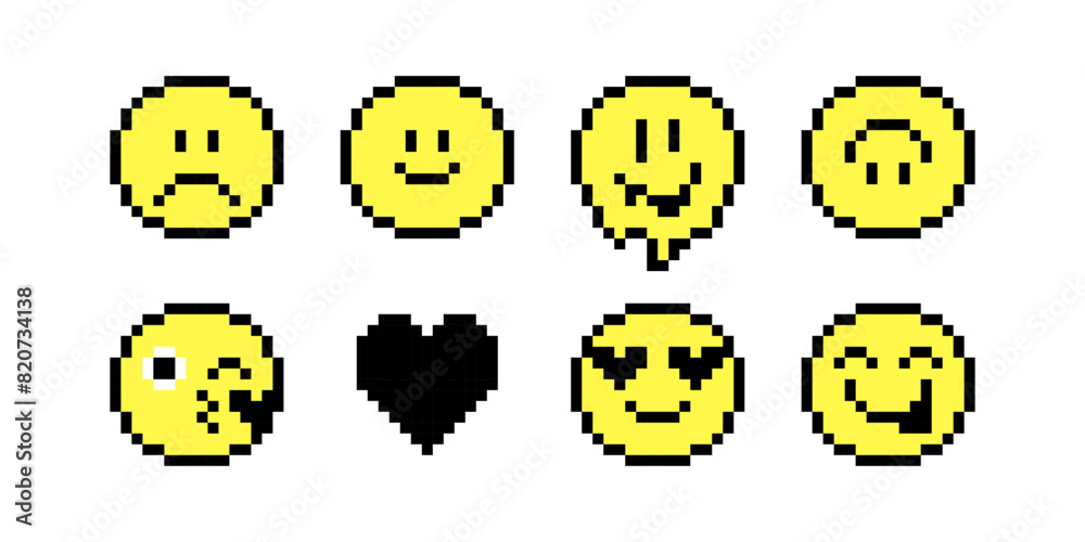 Pixel emoji set. Smile icons. Pixels Y2k trendy playful stickers. 8bit ...