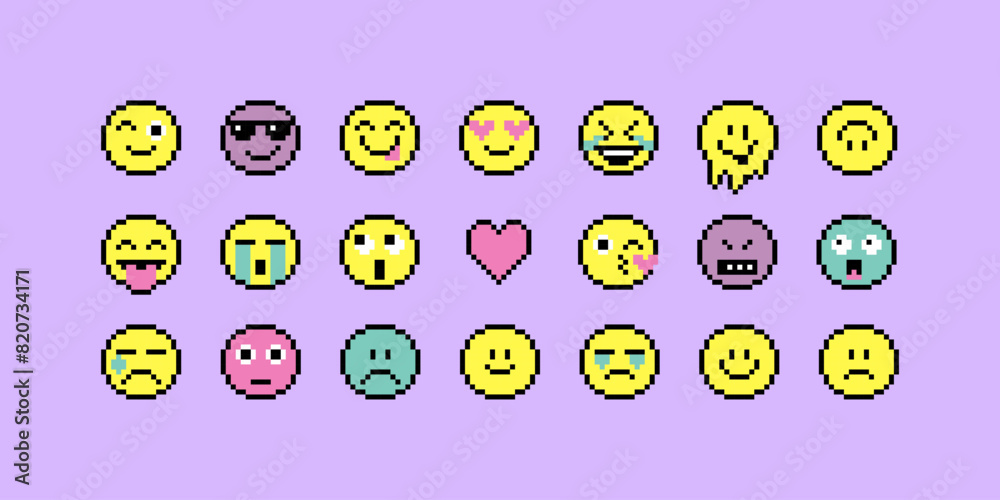 Colorful and various smile characters. Emoticon pack. Cute faces. 8-bit ...