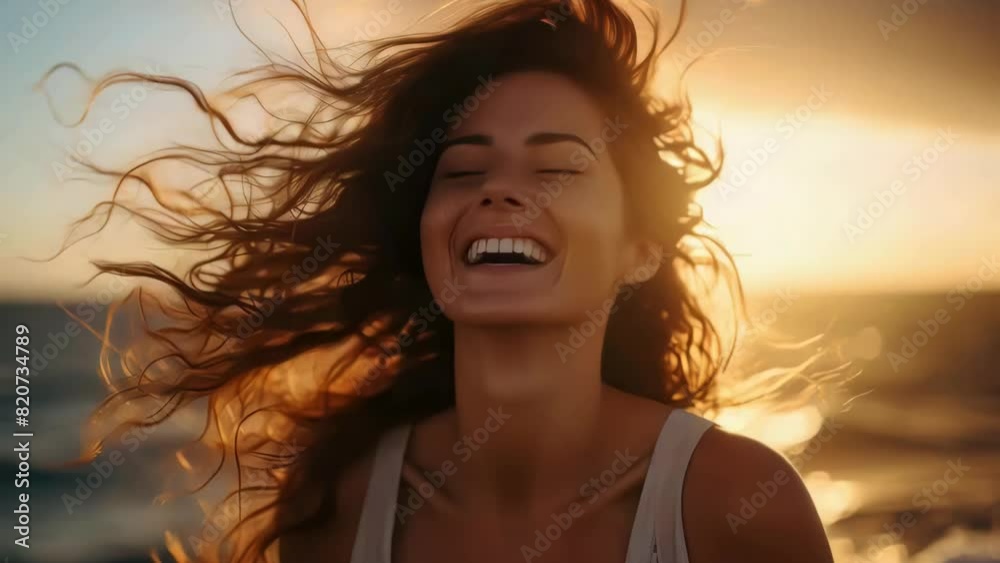 A woman with long hair is smiling and laughing while standing on the ...