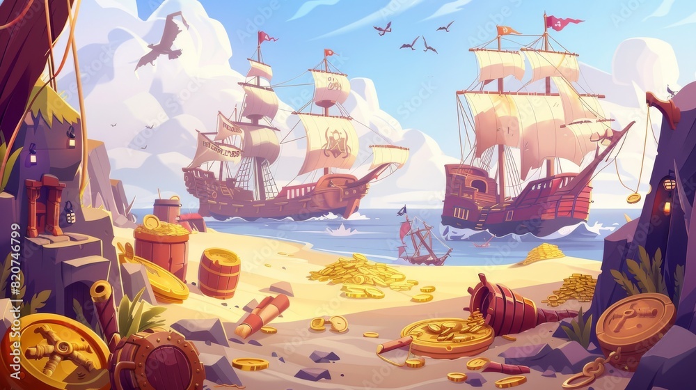 Cartoon pirate scene with ships and treasure Stock Illustration | Adobe ...