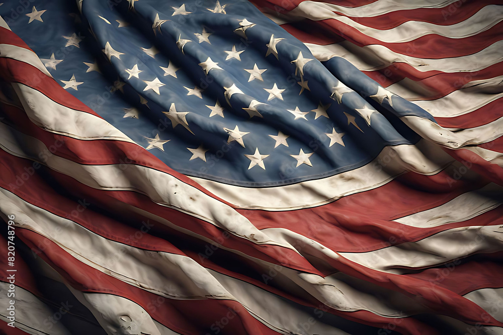 Ultra-realistic digital render of a distressed American flag, perfect ...