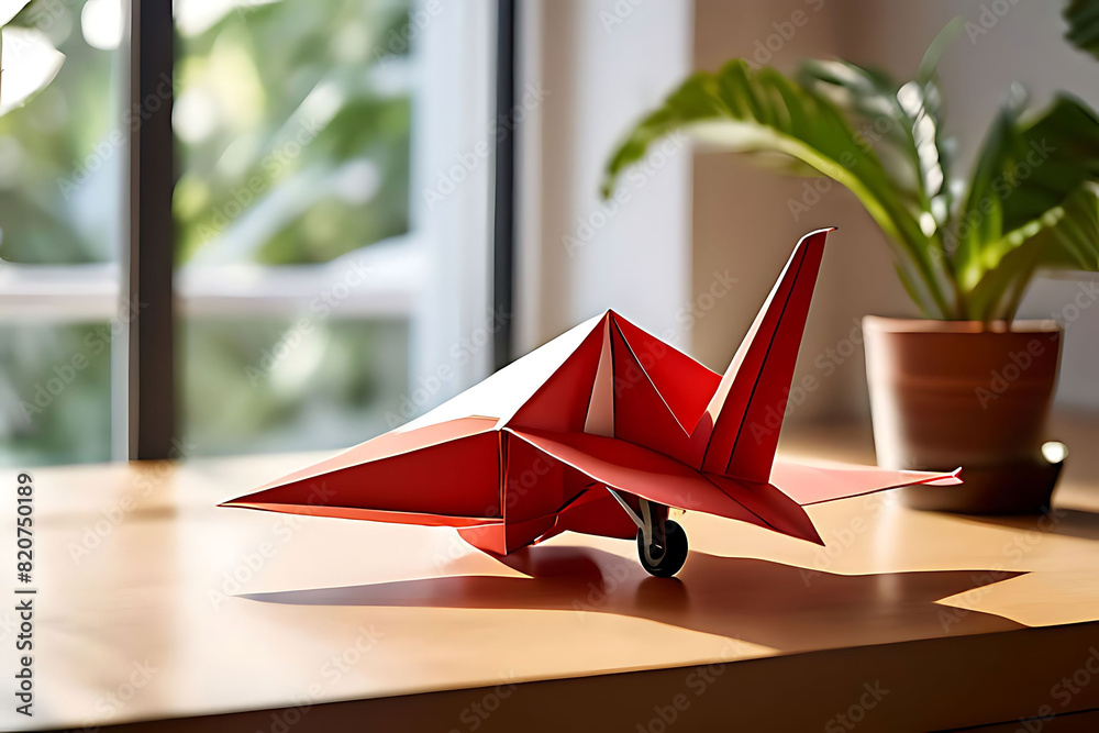 Ultra-realistic digital painting of a vibrant red origami airplane on a ...