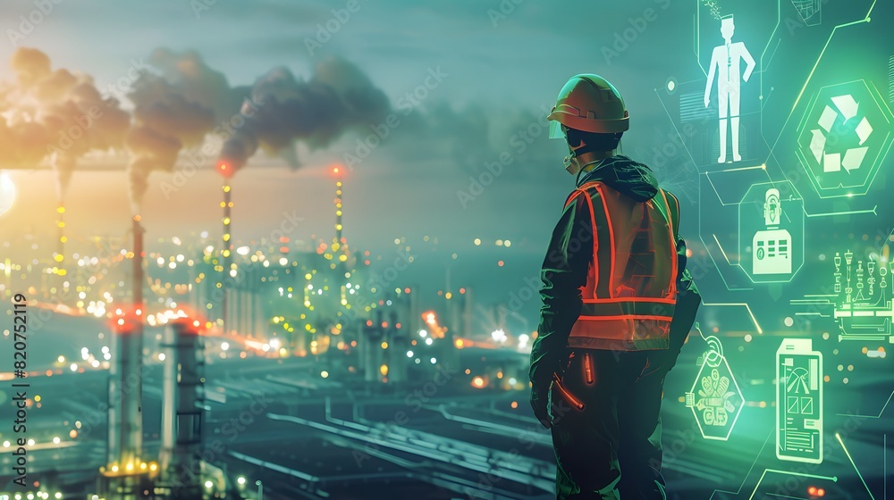 Spectacular Safety Specialist in an eco-friendly factory, green banners ...