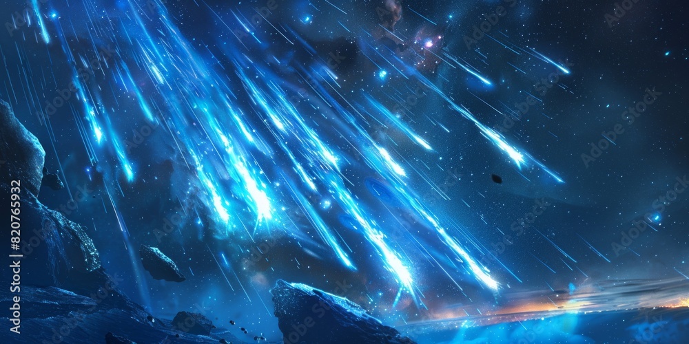 Realistic comets and asteroids, shooting space stars with trails in sky ...