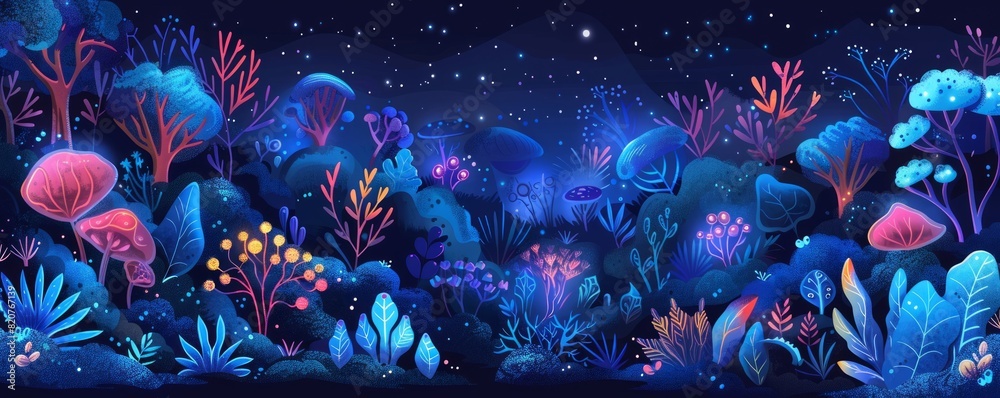 A bioengineered paradise with glowing flora and fauna, where ...