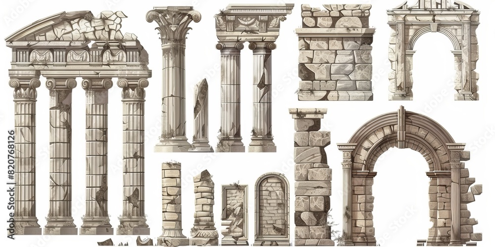 Ancient ruin set. Old Atlantis city temple building pillar and arch ...