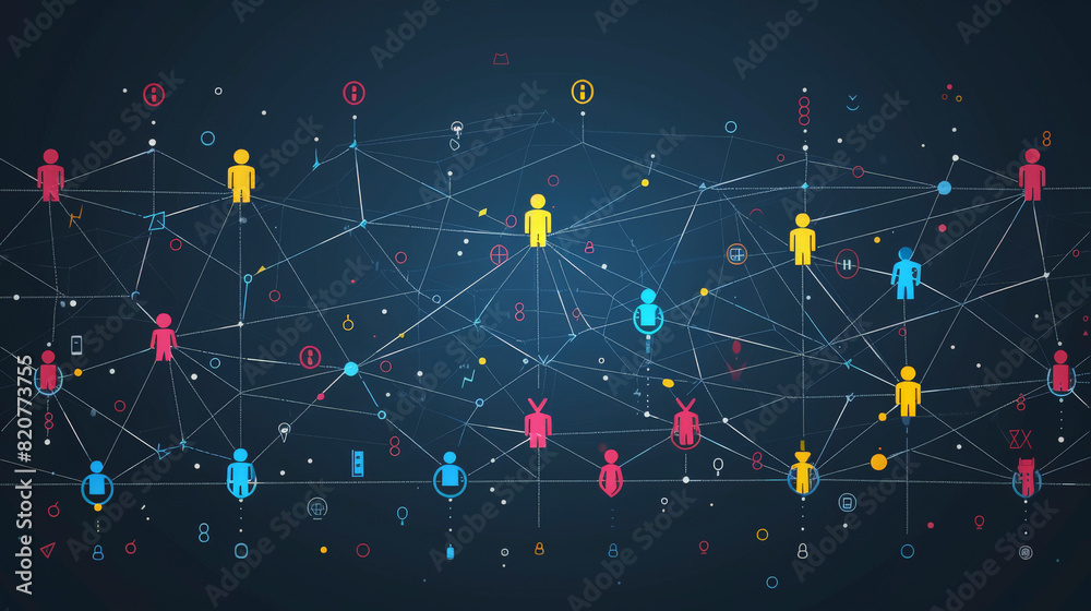 The image depicts a network visualization with interconnected colored ...