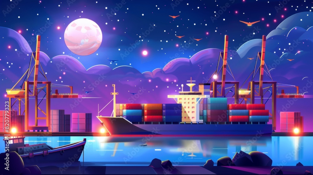 Maritime seaport logistics and marine transport and crane light under ...