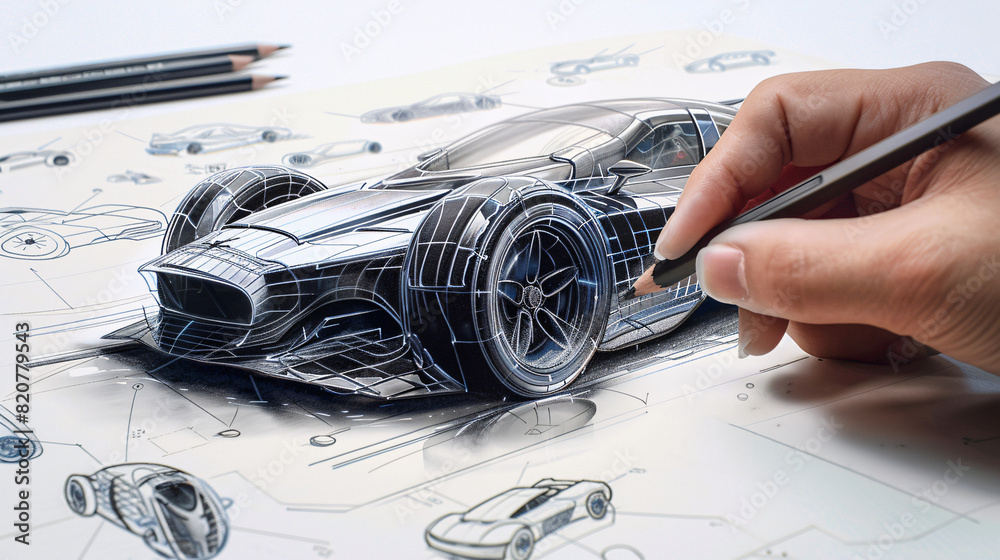 Hand drawing a detailed blueprint of a car, showcasing detailed lines ...