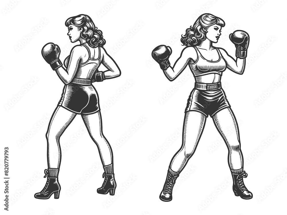 Black And White Engraving Of A Determined Retro Female Boxer In