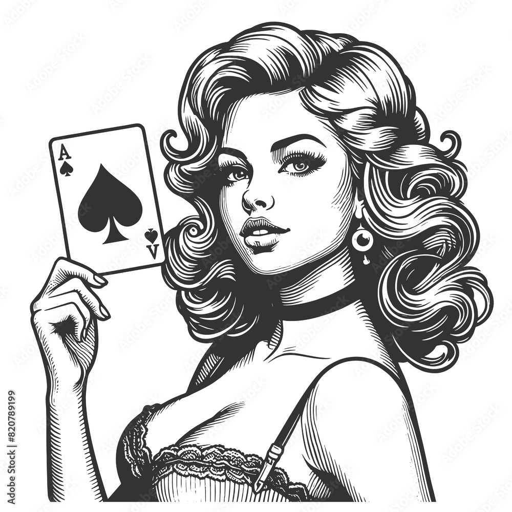 pin-up girl displaying an Ace of Spades card, symbolizing luck and ...