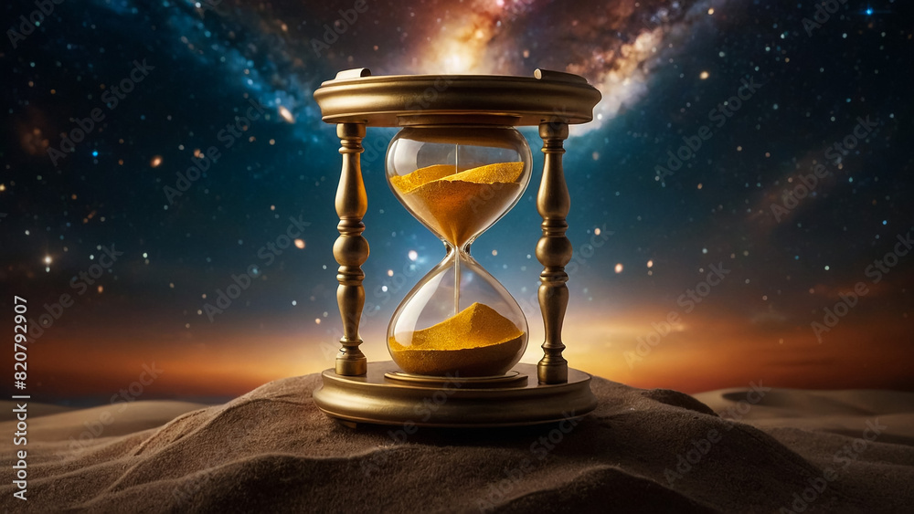 Hourglass hovering in space with ammonite fossil inside clock standing ...