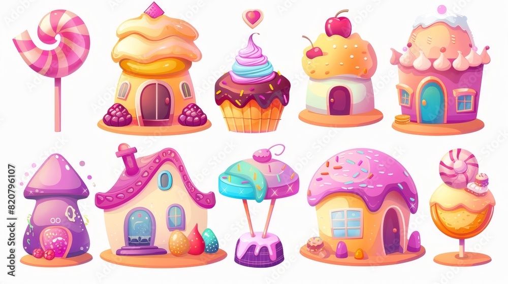 A cartoon modern illustration set of cute fantasy dessert houses for ...