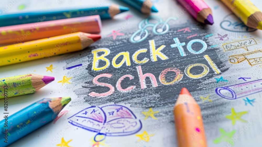 Scattered colorful crayons, pencils, and pens on a desk depict the back ...