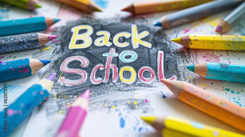 Scattered colorful crayons, pencils, and pens on a desk depict the back ...