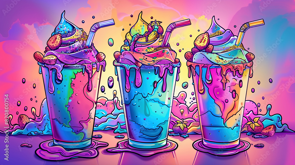 Three ice cream milkshakes with melting whipped cream sprinkles ...