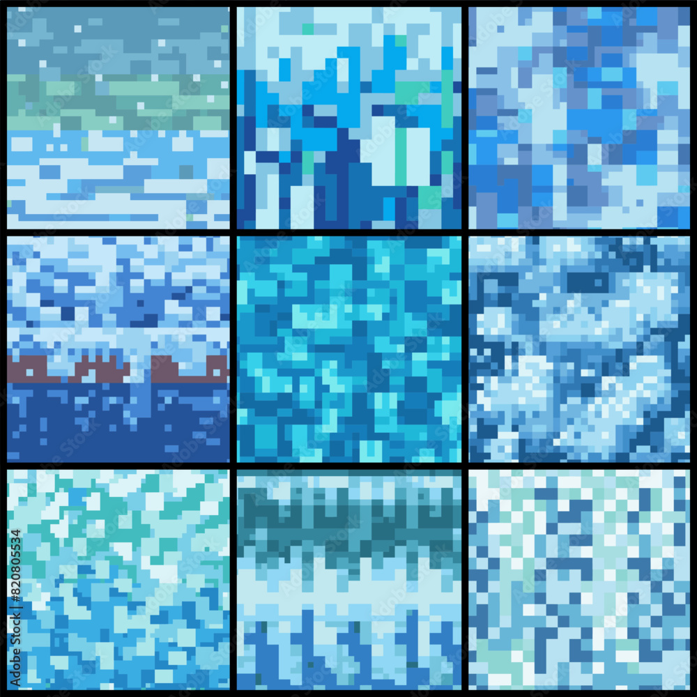 Vector snow, ice and water pixel blocks background pattern. Retro ...