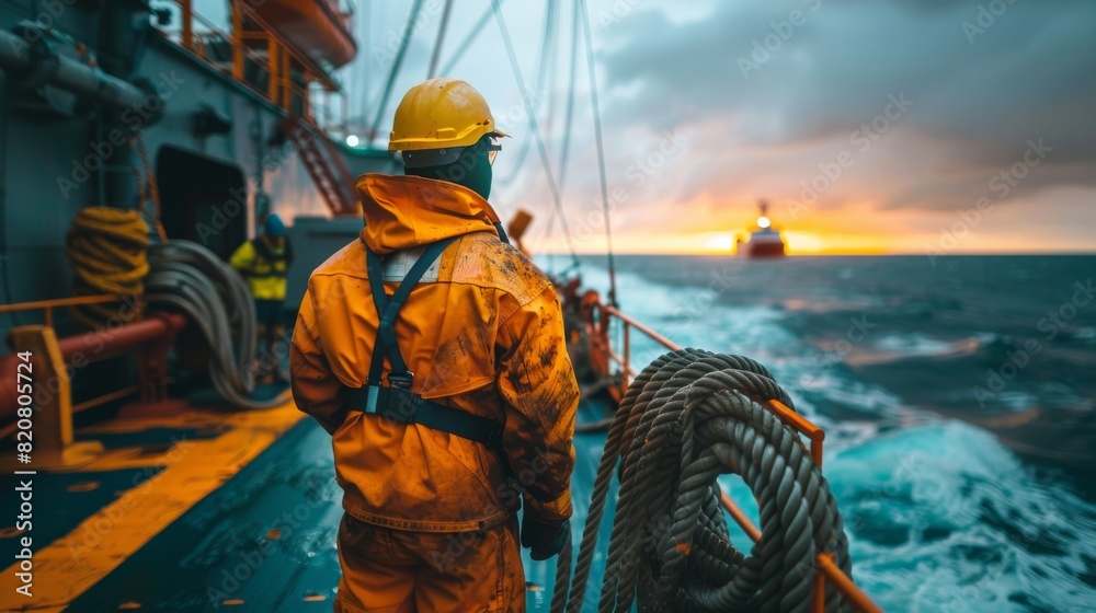 Engineer on a ship deck overseeing the installation of underwater fiber ...