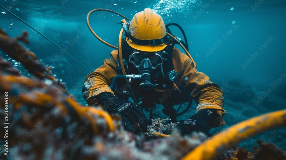 Engineer supervising underwater fiber optic cable installation ...