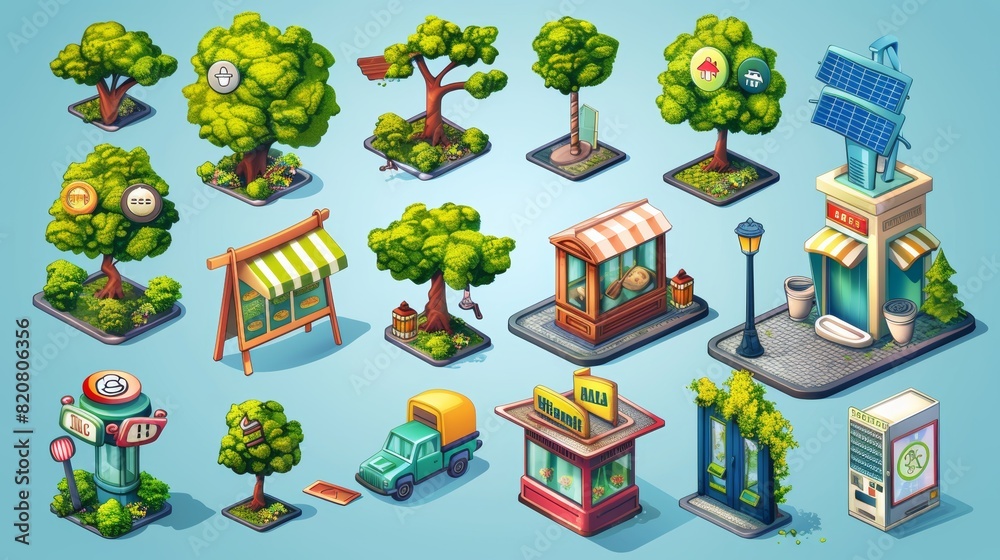 There are isometric trees, road signs, traffic lights, hotel and ...