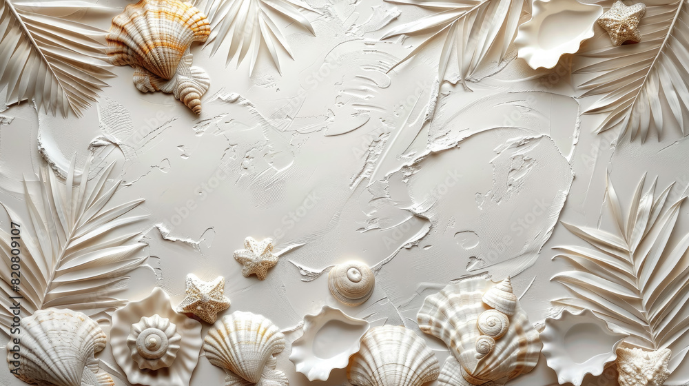 white texture background with shells and plants, plaster figures, bas ...