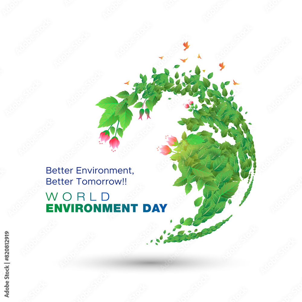 world earth map design of eco Green Tree plant leaf and flowers. 5 June World environment day ...