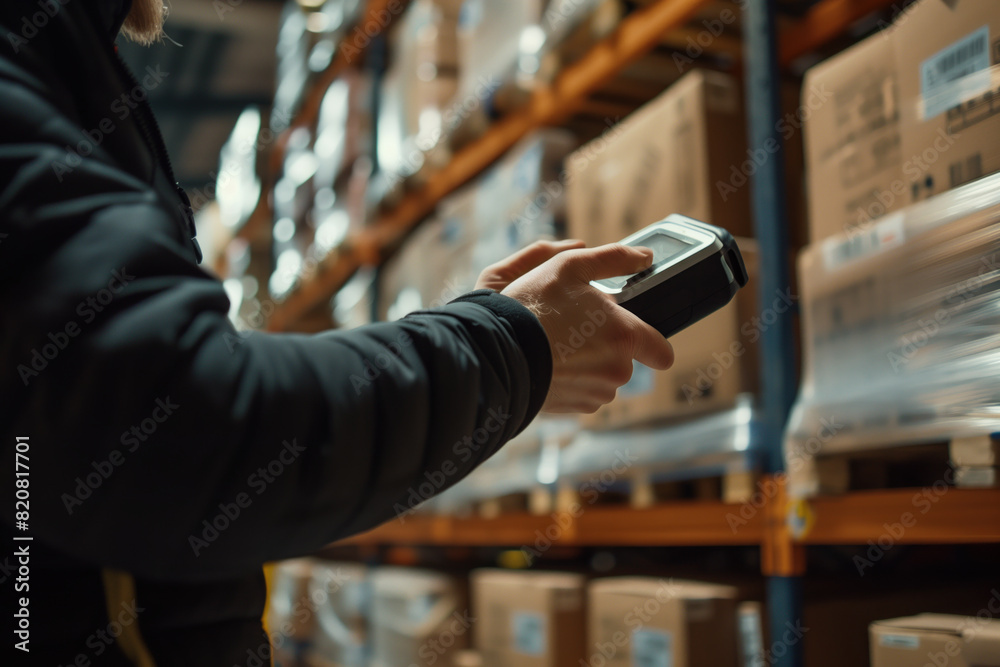 warehouse worker's hands scanning and checking inventory with a barcode ...