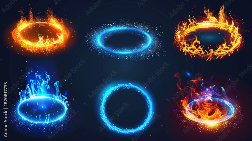 Frames with fire. Flaming rings with glowing flames and sparkles. Blue ...