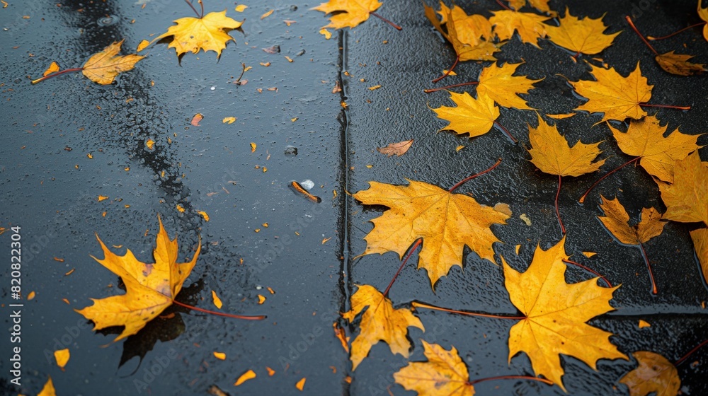 A scene featuring scattered yellow maple leaves on a wet sidewalk after a rain, each leaf vivid ...