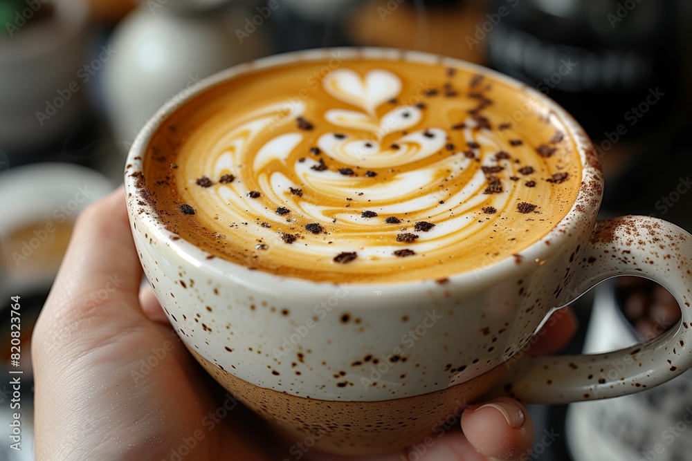 Hand Holding Latte with Cocoa Sprinkles. Hand holding a latte topped ...