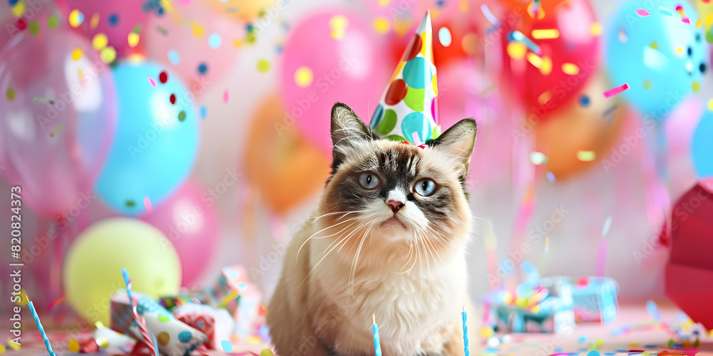Very sad angry cat with birthday cake on festive background.Cute fluffy ...