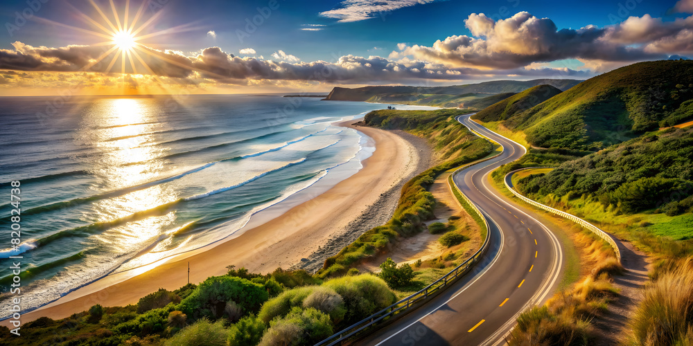 Summer Atmosphere: Winding Road and Beach in Golden Ratio Composition ...