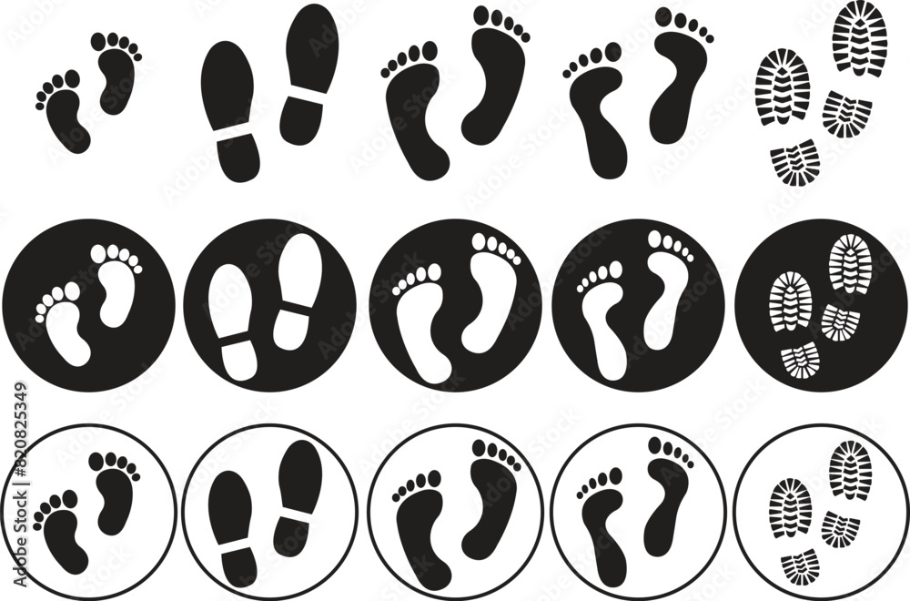 set, footprint, icons, fill, graphic, designs, black, silhouette, human ...