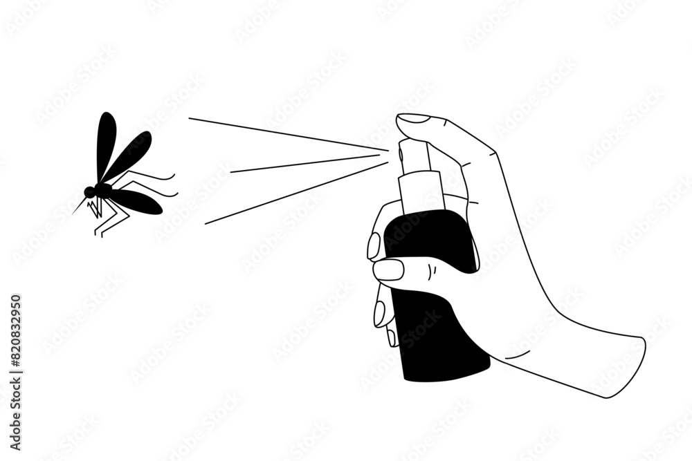 Woman hand spraying insect repellent on mosquito. Stop mosquito spray ...
