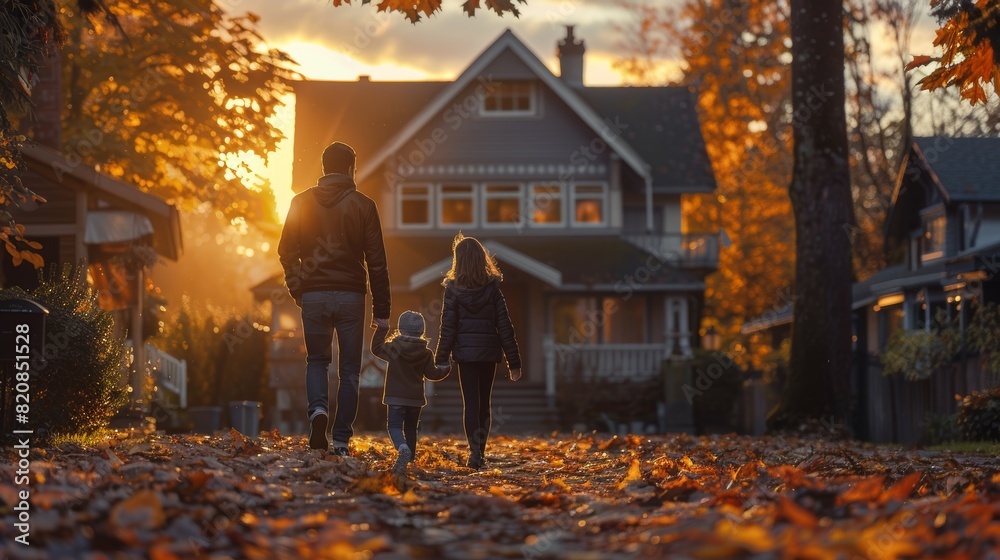 Family stroll through an autumn neighborhood under a canopy of golden ...