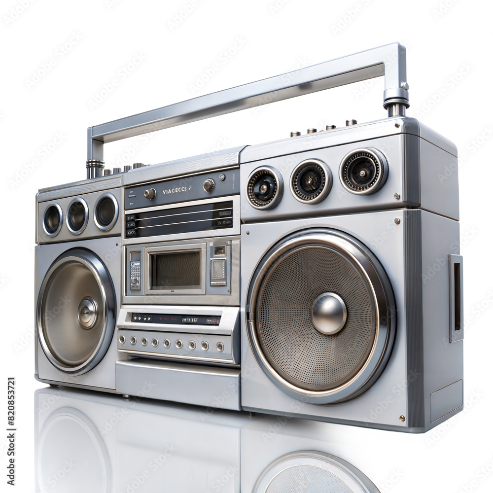A vintage silver boombox with large speakers and cassette player sits ...