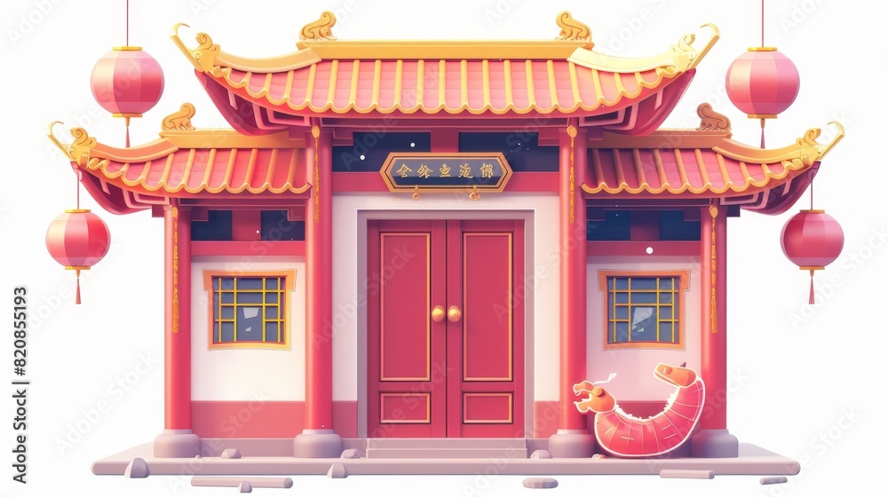 Modern cartoon illustration of a traditional Chinese house, with an ...