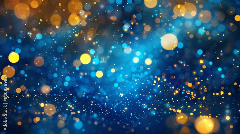 The blurry sparkle pattern has a blue and gold bokeh effect. Realistic ...