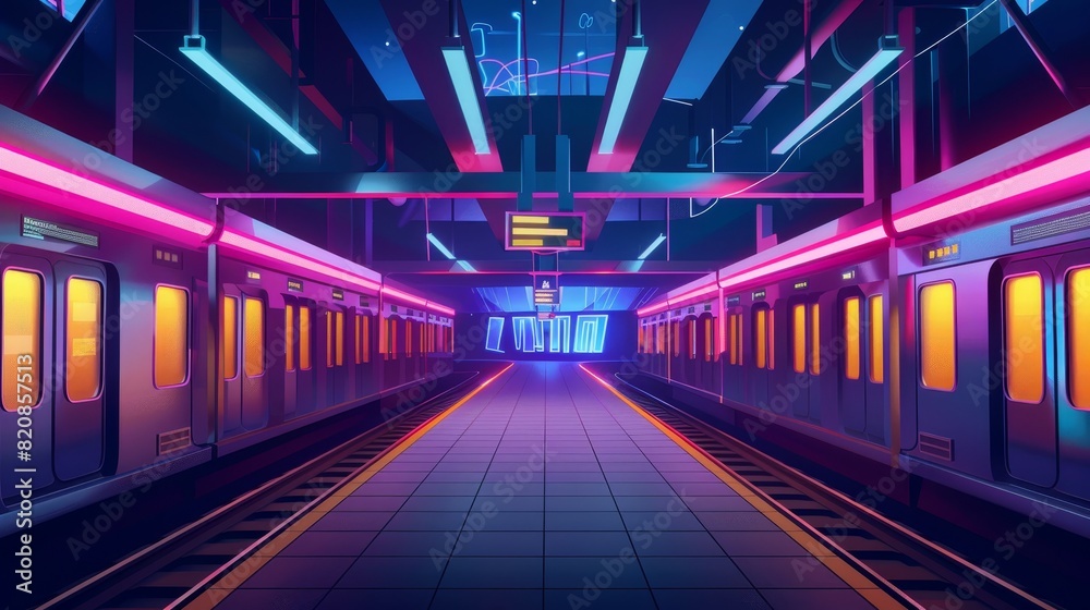 Metro station and train on rail platform at night. Cartoon animation of ...