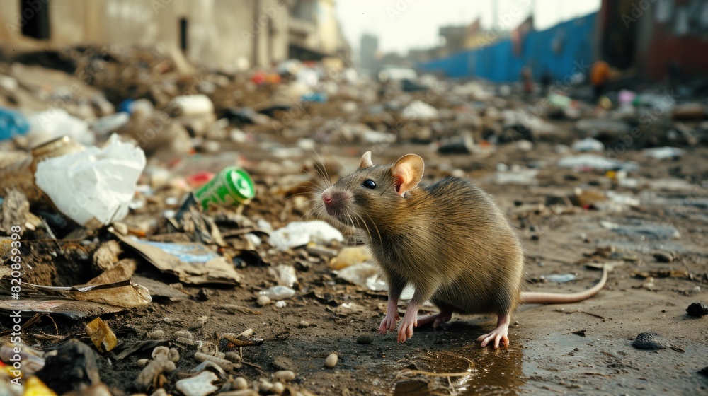 Dirty, shaggy, skinny rat ate garbage. Garbage bags on the floor were ...