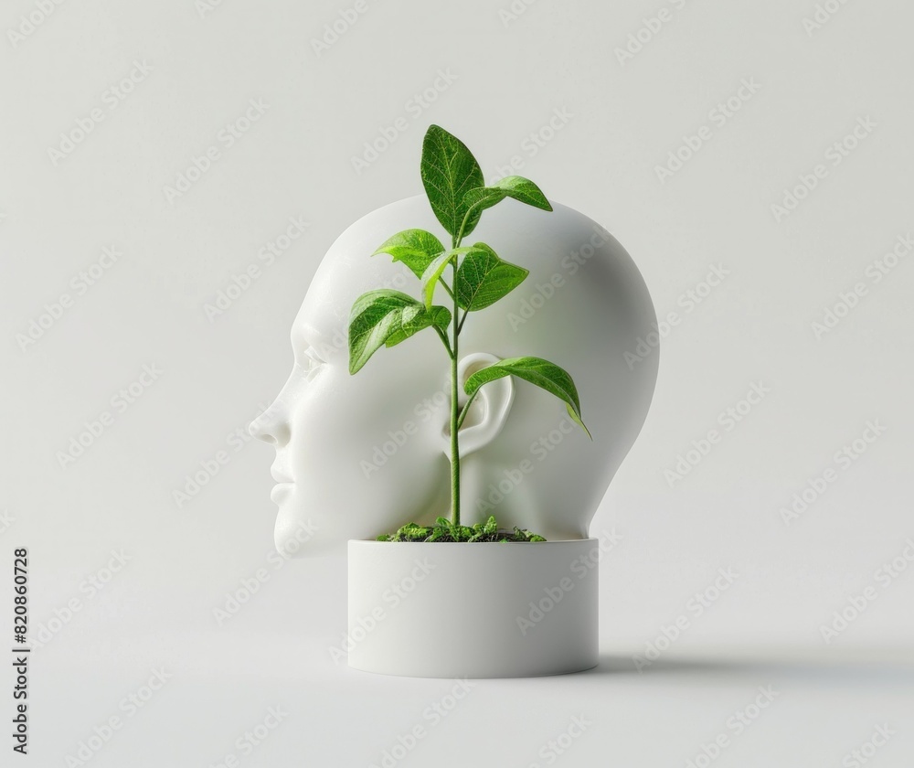 Human head with plant in pot on white background as a concept of health ...