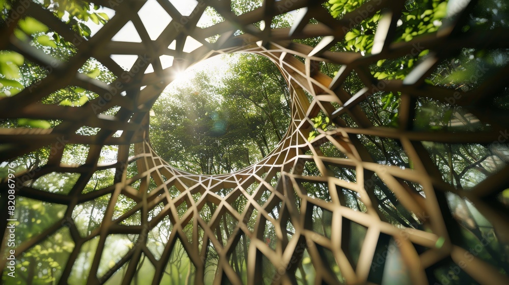 Geometric wooden structure with a complex, web-like pattern, creating a ...